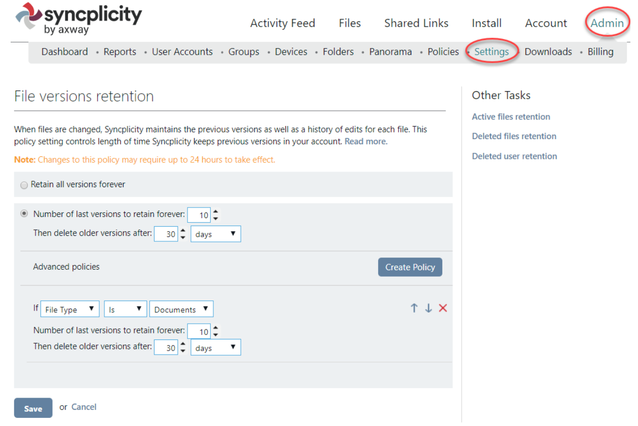 File versions retention policy – Support Home